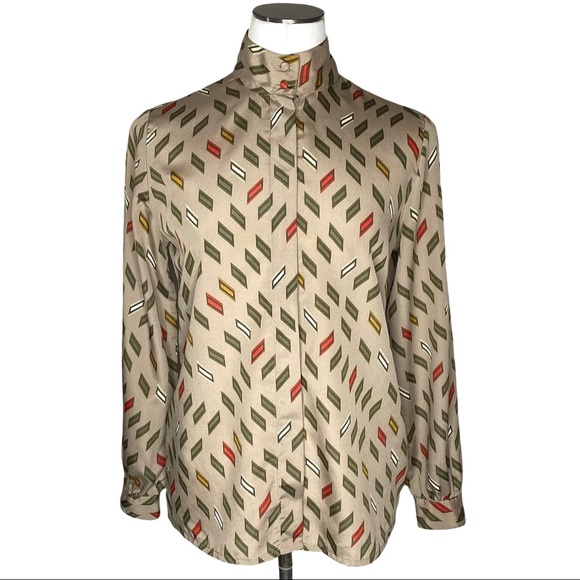 Vintage | Tops | Vintage Tan Jay Printed Turtleneck Button Down Shirt ...